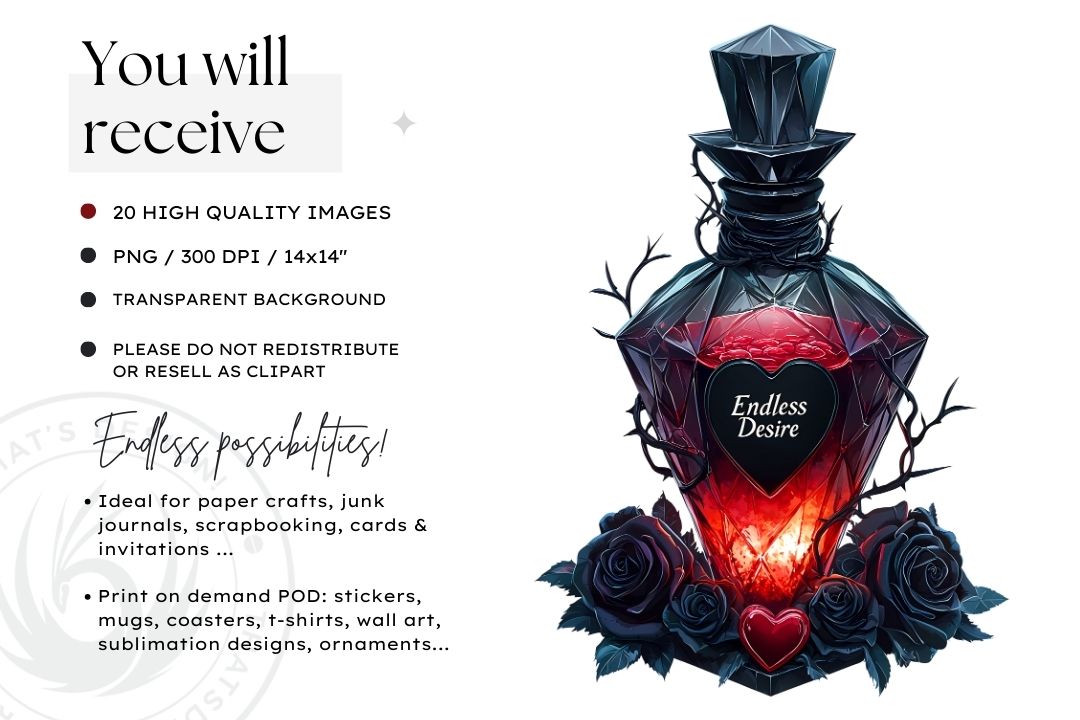 Gothic Love potions clipart Set, valentines Clipart PNG