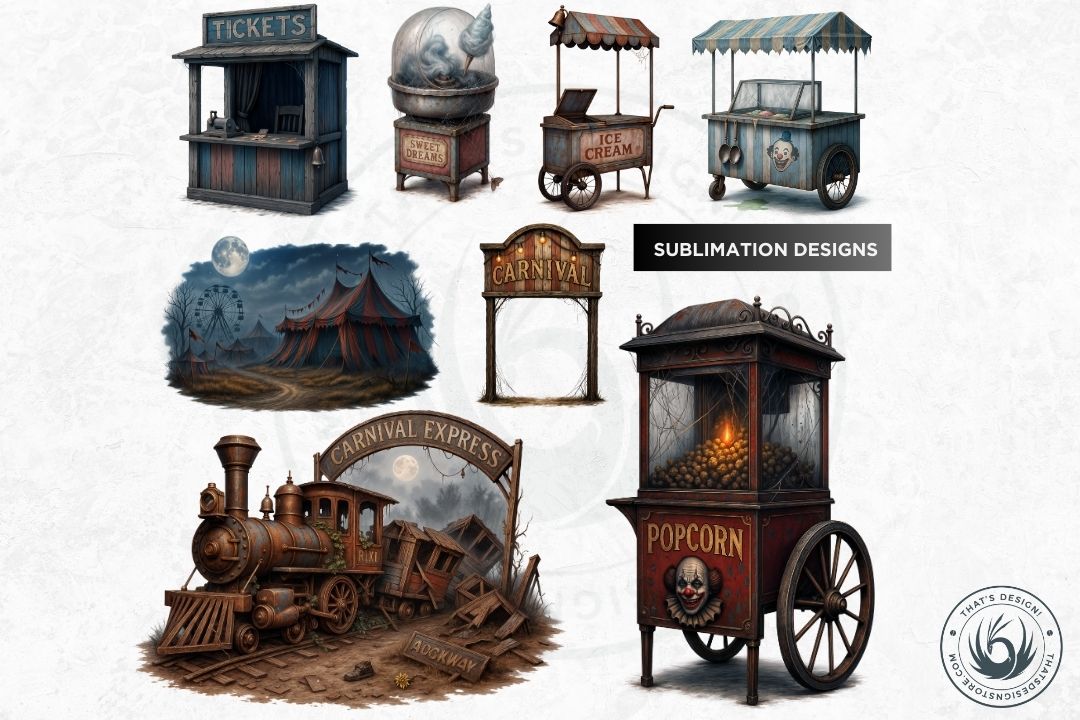 Haunted Carnival Clipart PNG Set - Creepy Circus Sublimation